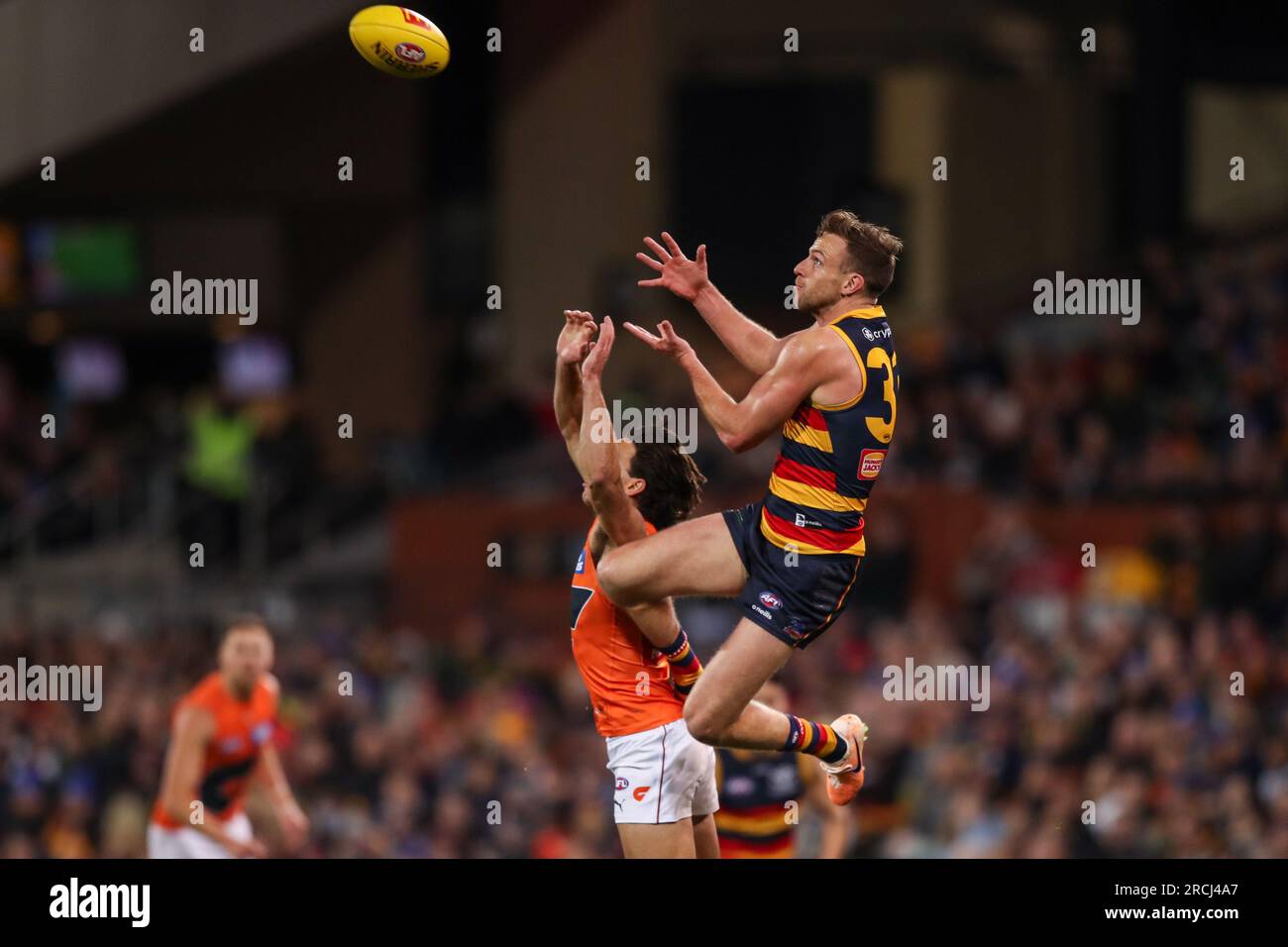 Adelaide, Australia. 15th July, 2023. Brodie Smith of the Crows marks ...