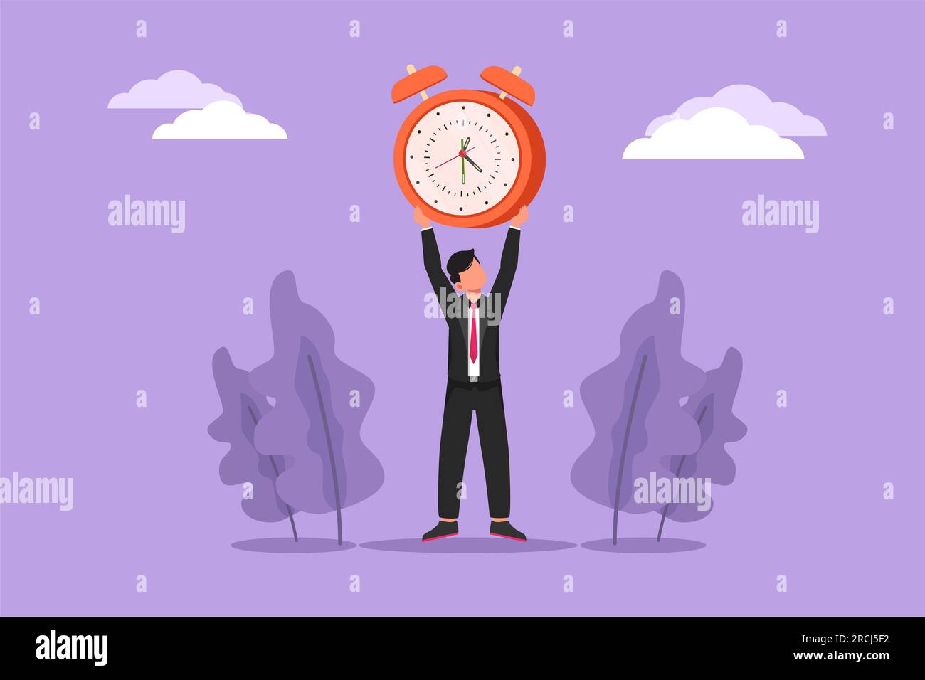 Graphic flat design drawing of strong businessman raising alarm clock ...