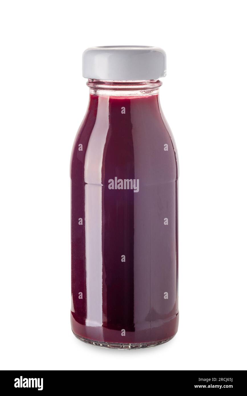Blueberry juice in glass bottle with white cap isolated on white with ...