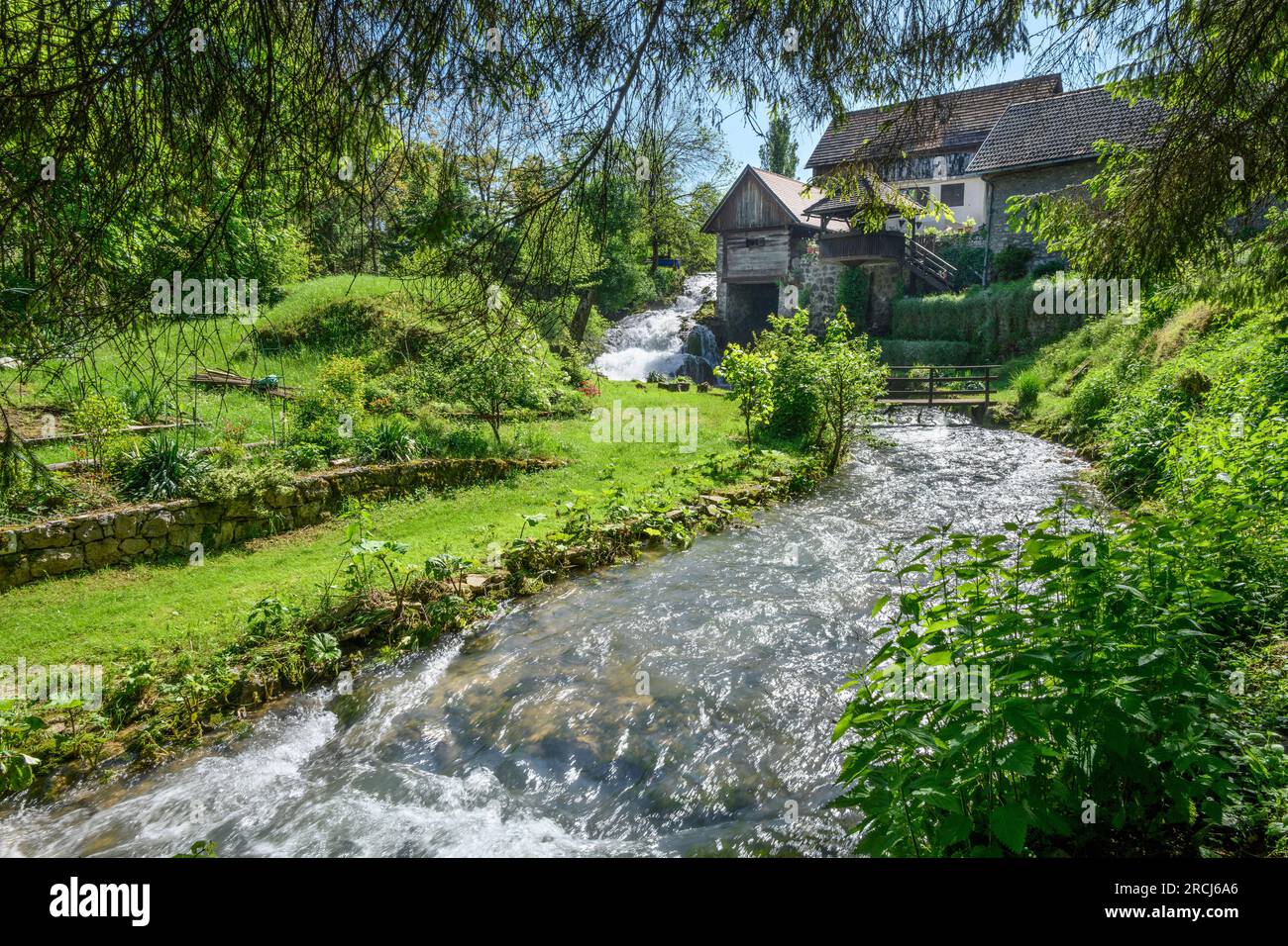 Cascades and an old stone watermill at The village of Rastoke at Slunj ...