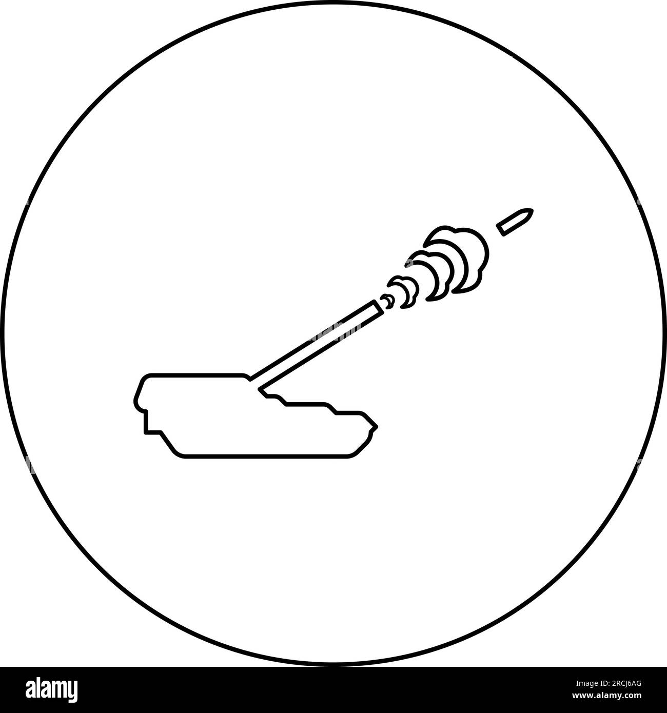 Self-propelled howitzer artillery system archer shoots projectile shell icon in circle round ...