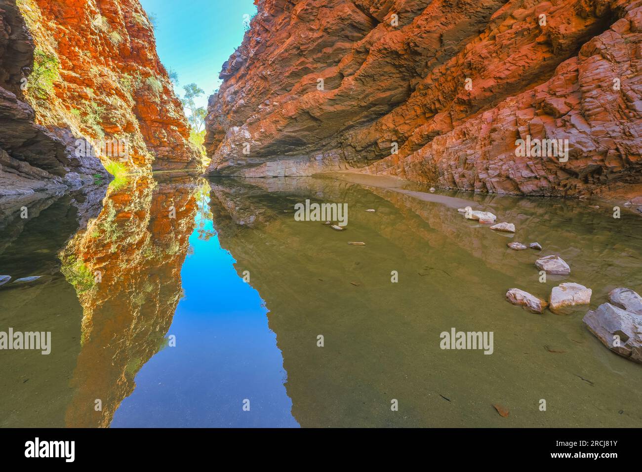 Permanent waterhole of Simpsons Gap reflects the red cliffs in West ...