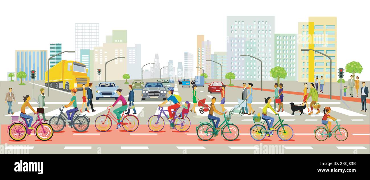 City silhouette of a city with traffic and pedestrians hi-res stock ...