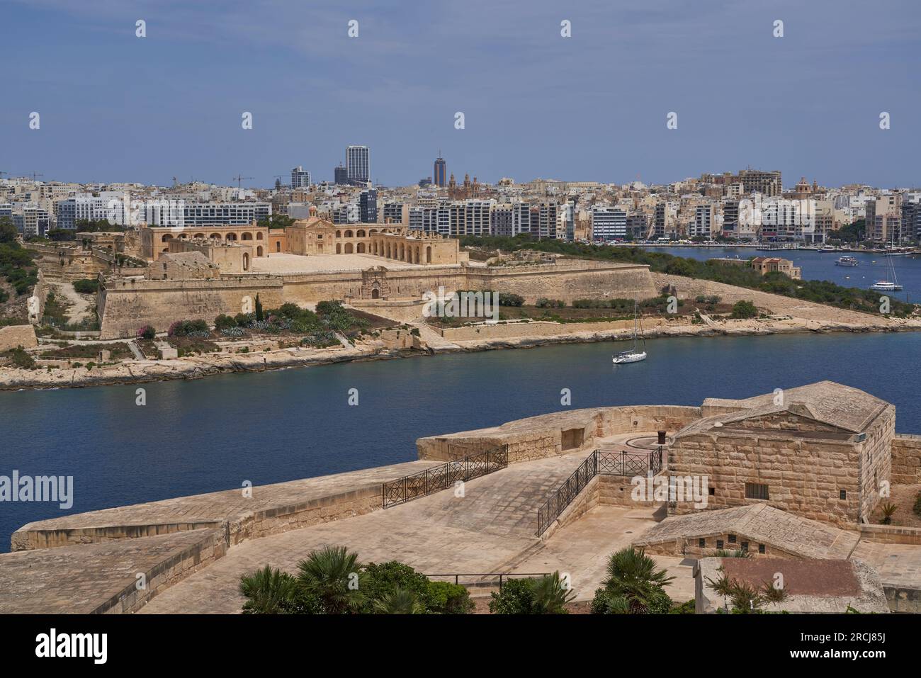 Historic Fort Manoel viewed from the battlements of Valetta in Malta ...