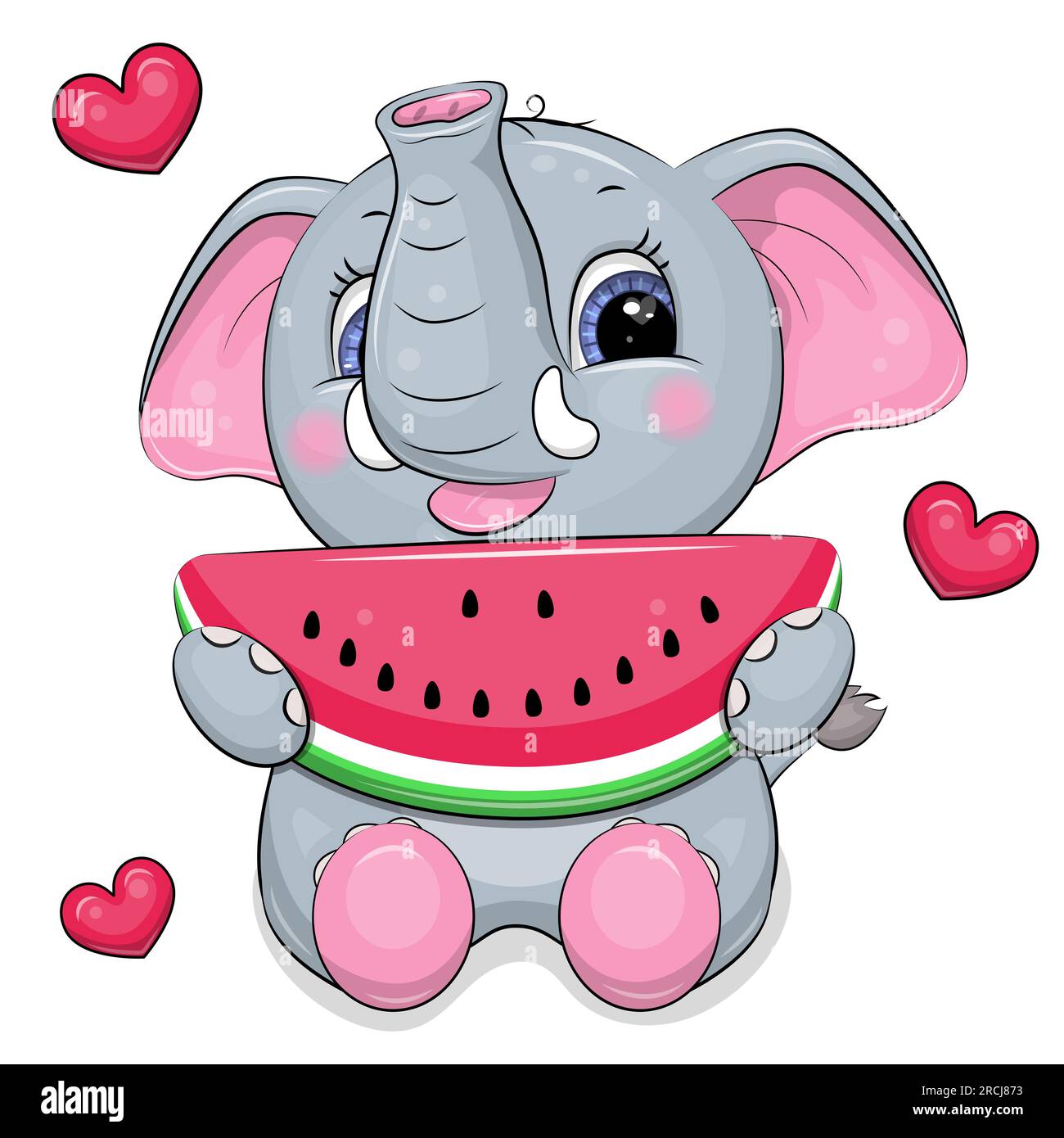 Cute cartoon elephant eats watermelon. Summer animal vector ...