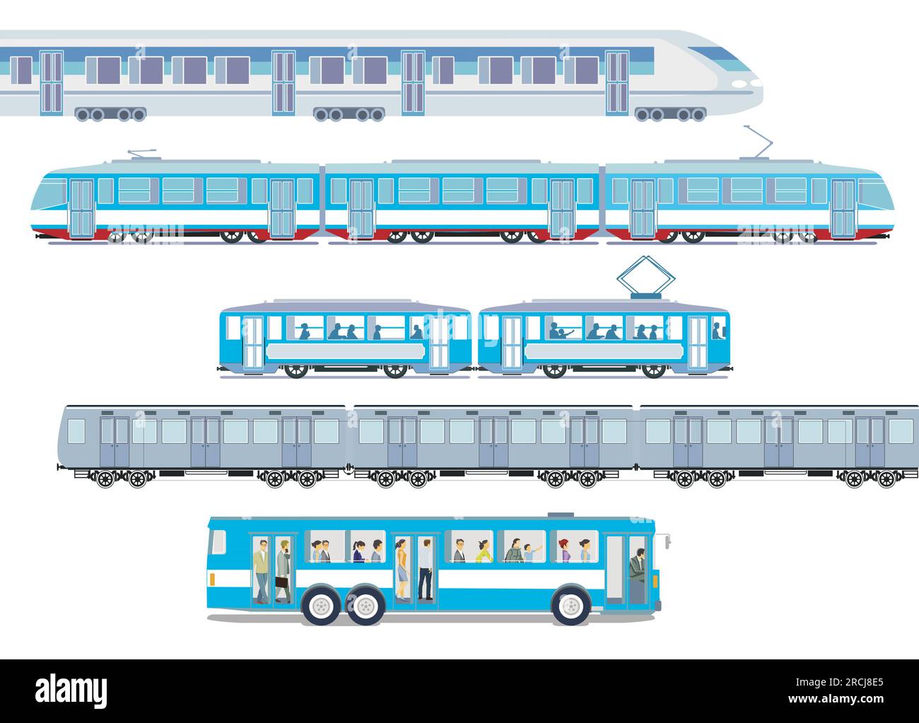 Set of passenger trains, tram, high speed train and subway train ...