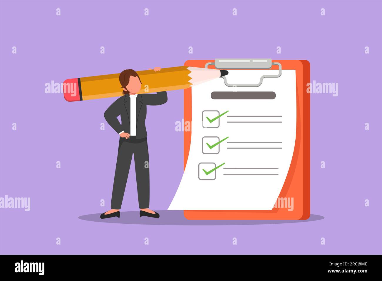 Graphic flat design drawing positive businesswoman with giant pencil on ...