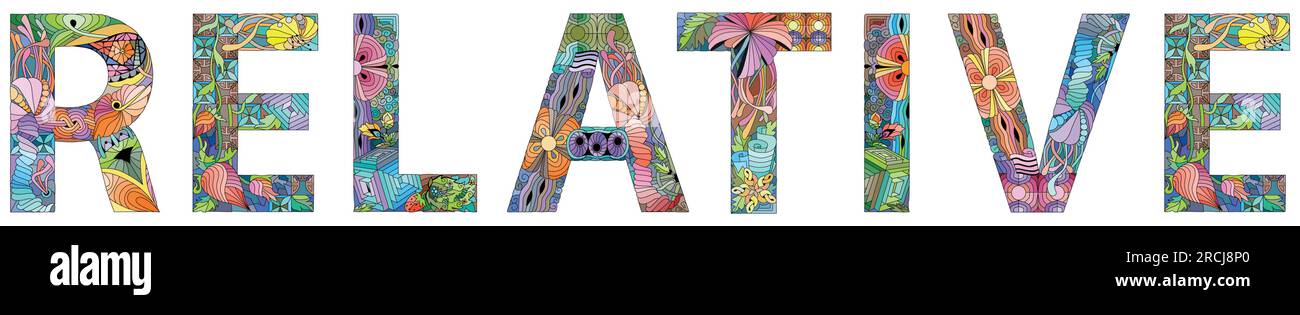 Hand-painted art design. Hand drawn illustration word RELATIVE for t ...