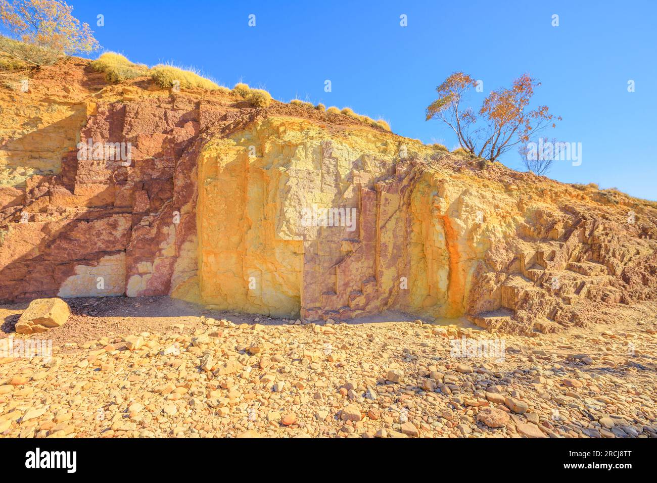 Ochre Pits in dry river creek is a colorful rock formation of minerals ...
