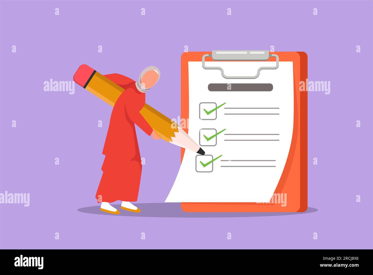 Graphic flat design drawing Arabian businesswoman standing and mark ...