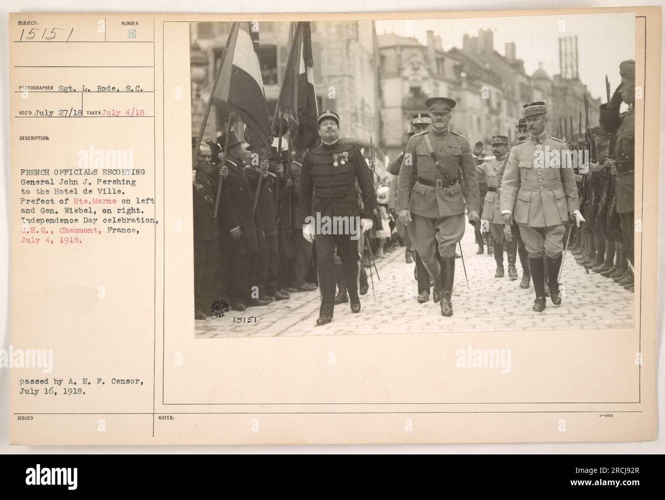 French officials escort General John J. Pershing to the Hotel de Ville ...