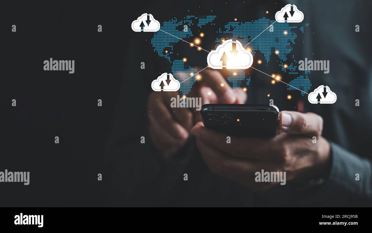 A businessman's smartphone engages with a digital dashboard ...