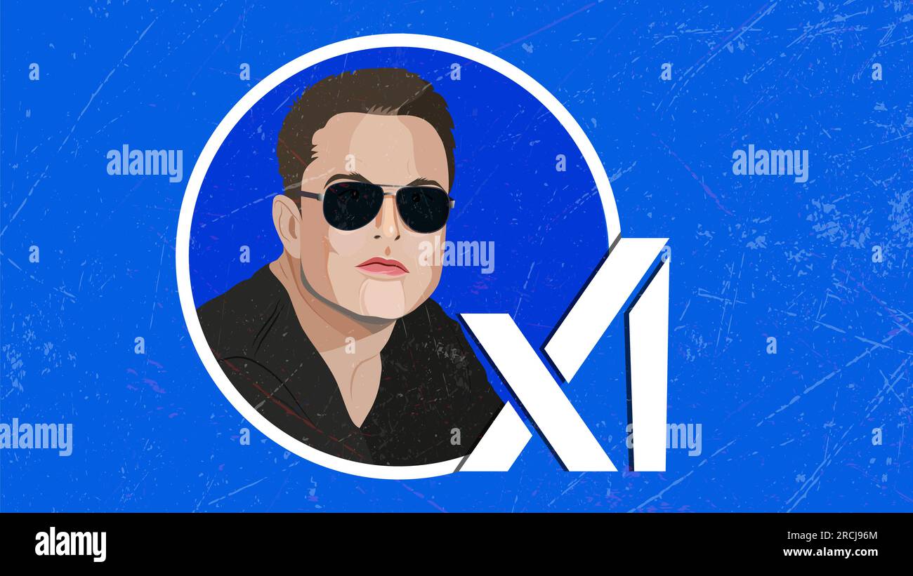 Elon Musk founded xAI. Elon Musk portrait and xAI inscription. July 12 ...