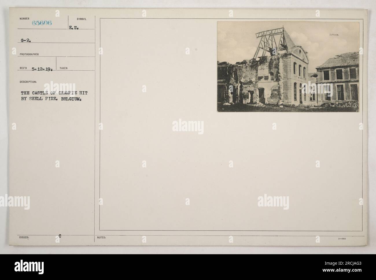 The image shows the Castle of Champie in Belgium after being hit by ...