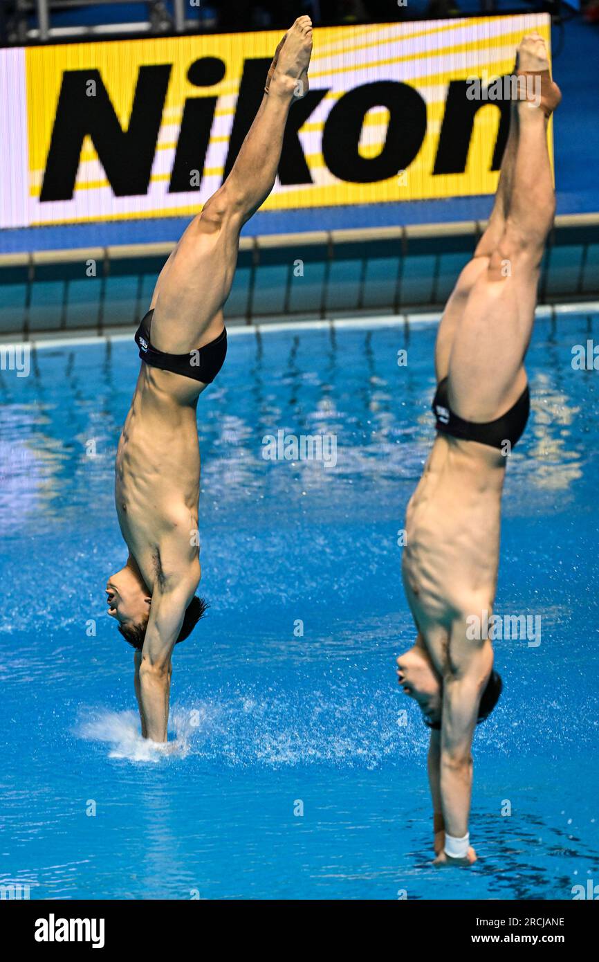 Fukuoka, Japan. 15th July, 2023. Long Daoyi/Wang Zongyuan (R) of China ...