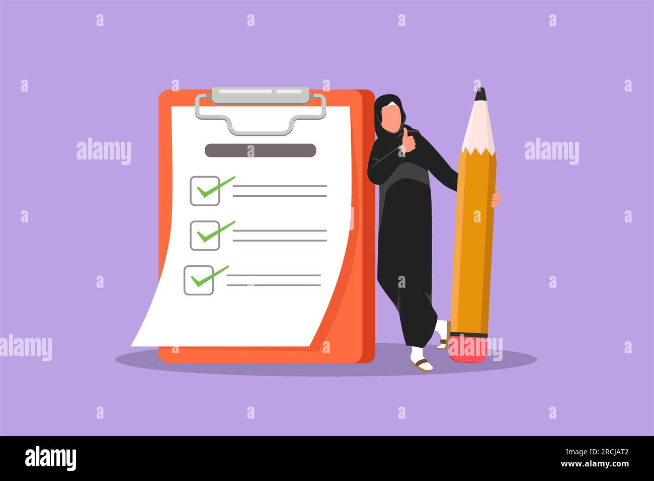 Graphic flat design drawing Arab businesswoman holding huge pencil and ...