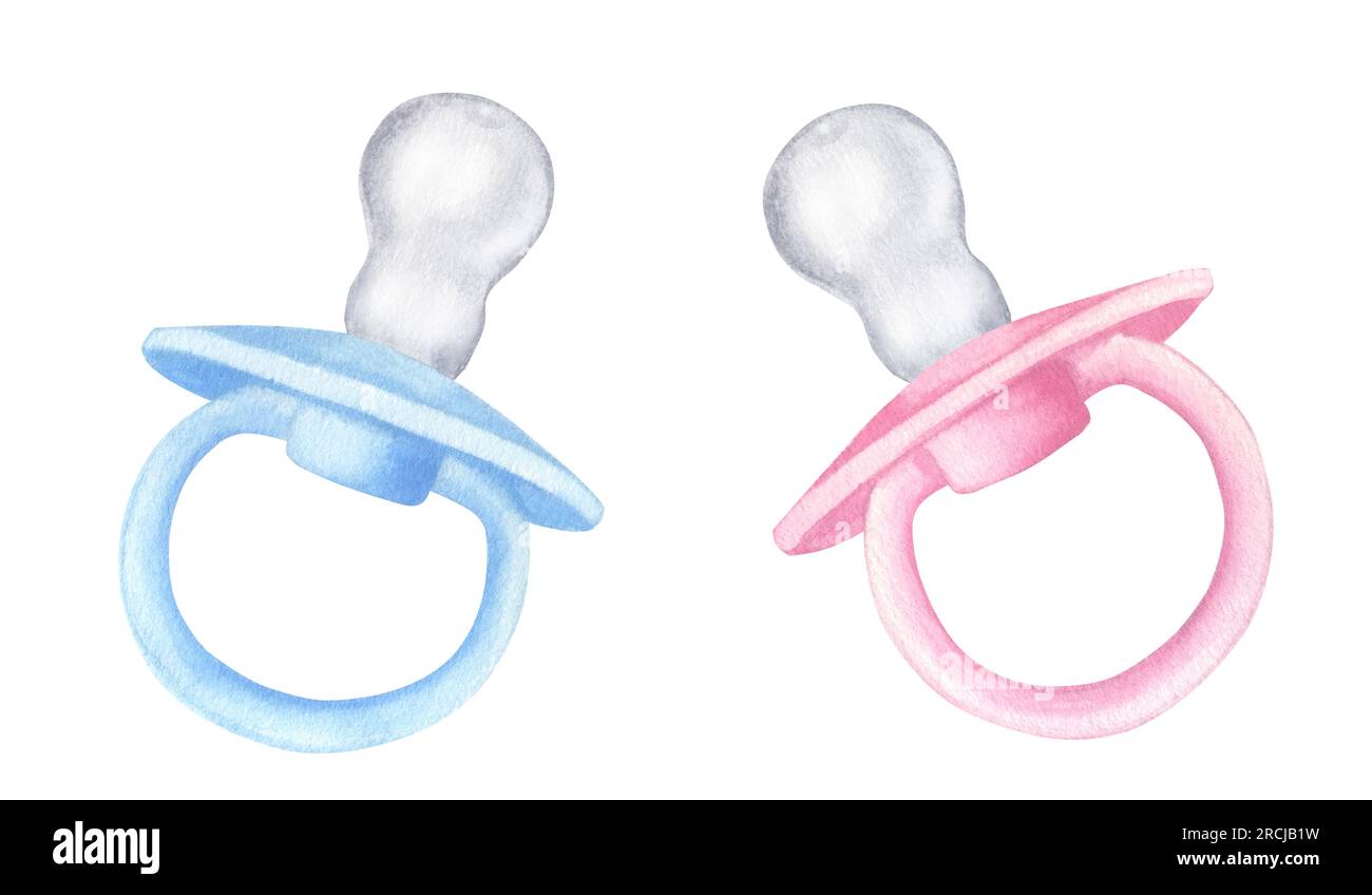 Pink and blue baby pacifier dummy, girl or boy. Hand drawn watercolor ...