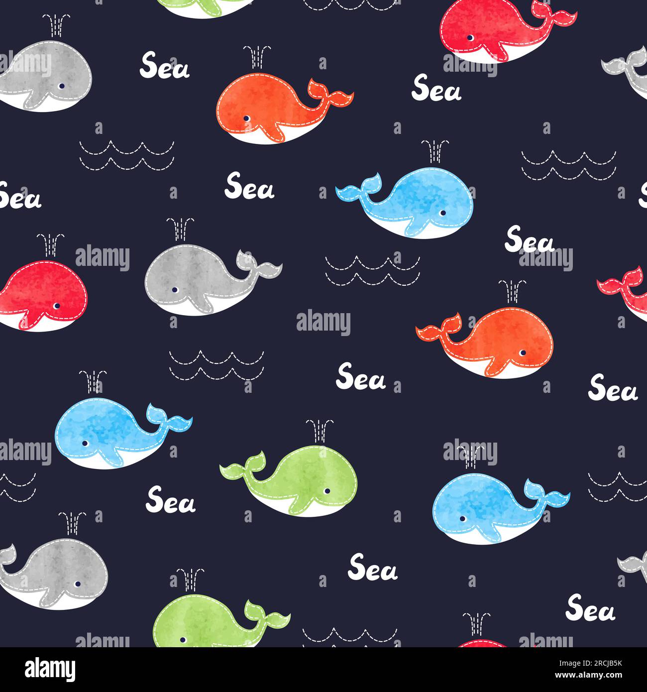 Childish seamless pattern with cute colorful watercolor whales Stock ...