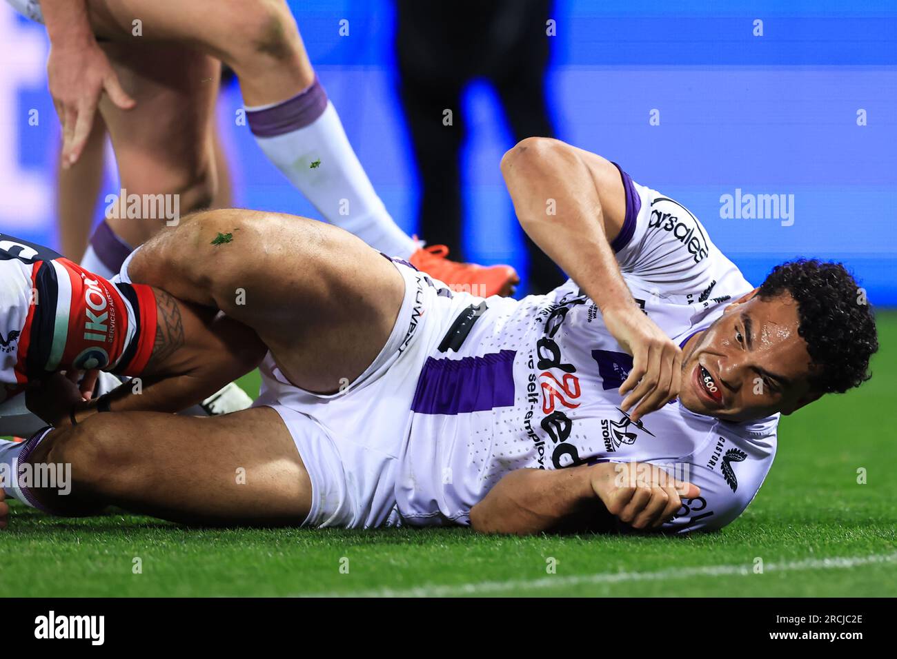 Sydney, Australia. 15th July, 2023. Xavier Coates of the Storm scores a ...