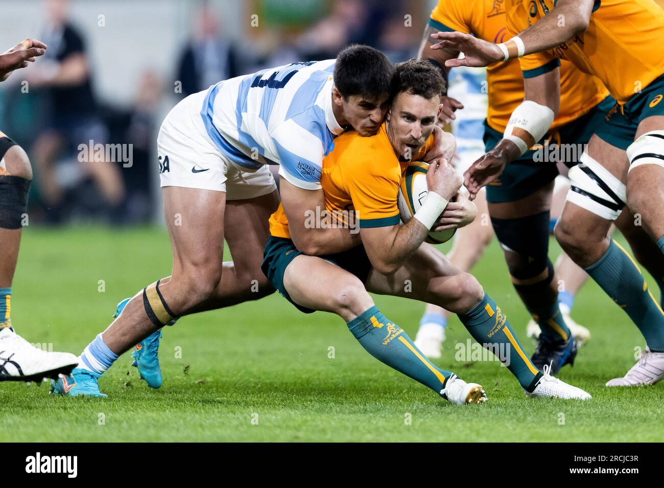 Sydney, Australia, 15 July, 2023. Nick White of Wallabies is tackled by ...