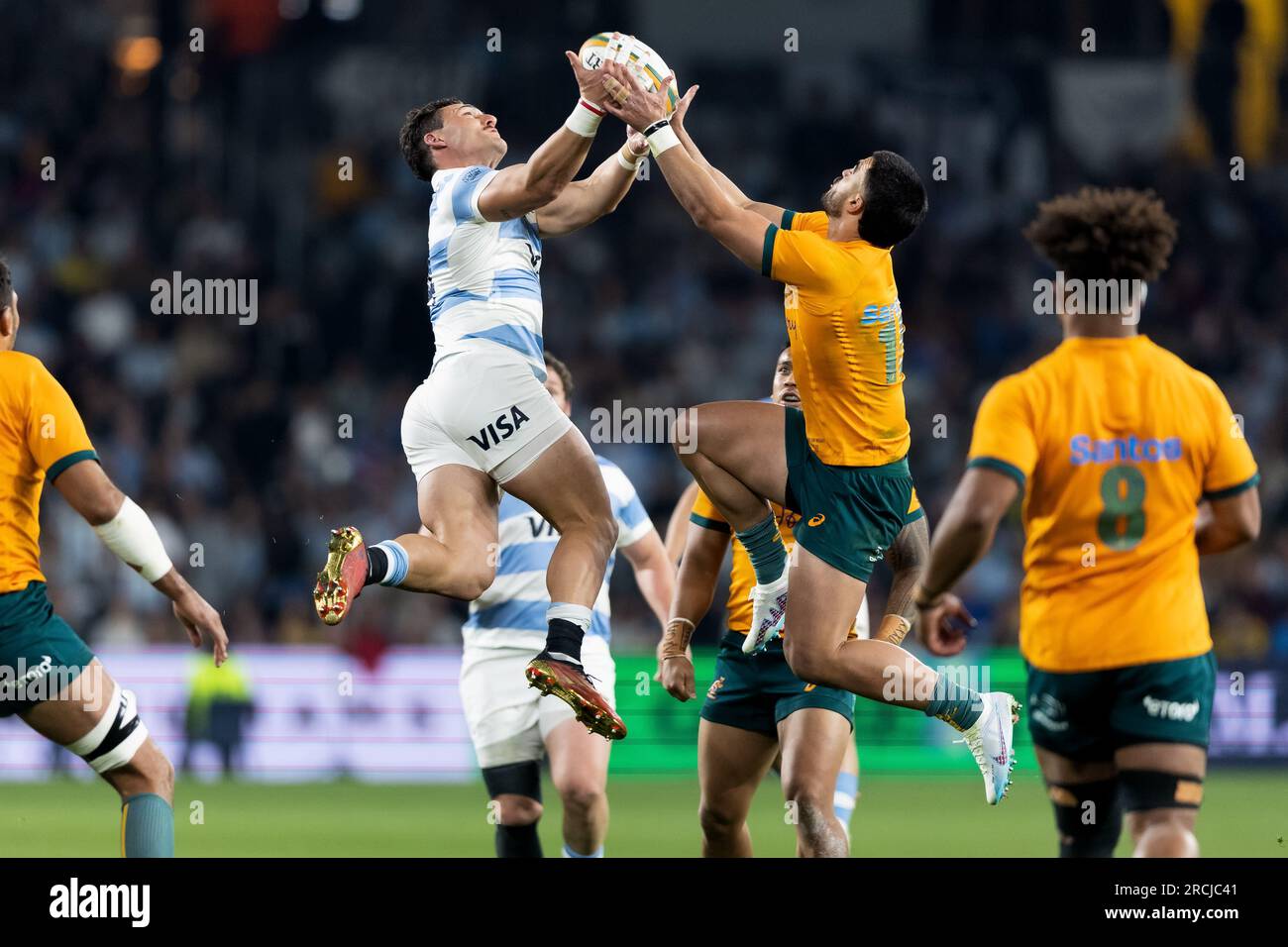 Sydney, Australia, 15 July, 2023. Tom Wright of Wallabies and Emiliano ...