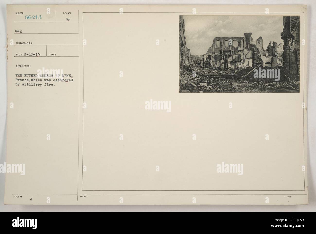 "The ruined church at Lens, France, destroyed during World War One by ...