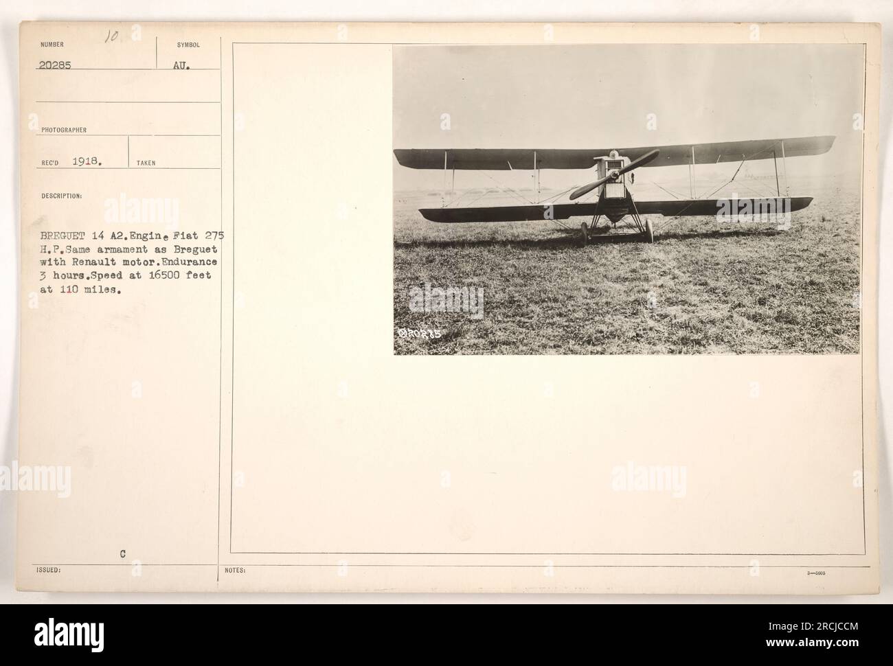 "Image of a Breguet 14 A2 aircraft with a Renault motor, taken in 1918 ...