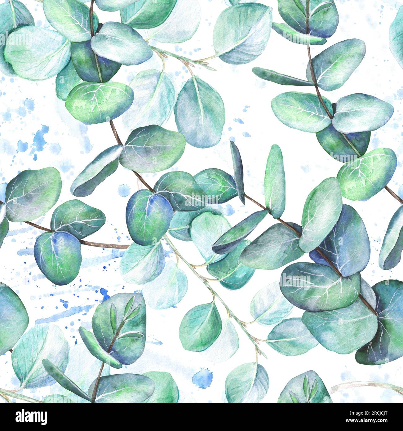 Seamless pattern of leaves of eucalyptus branches with blue gnats ...