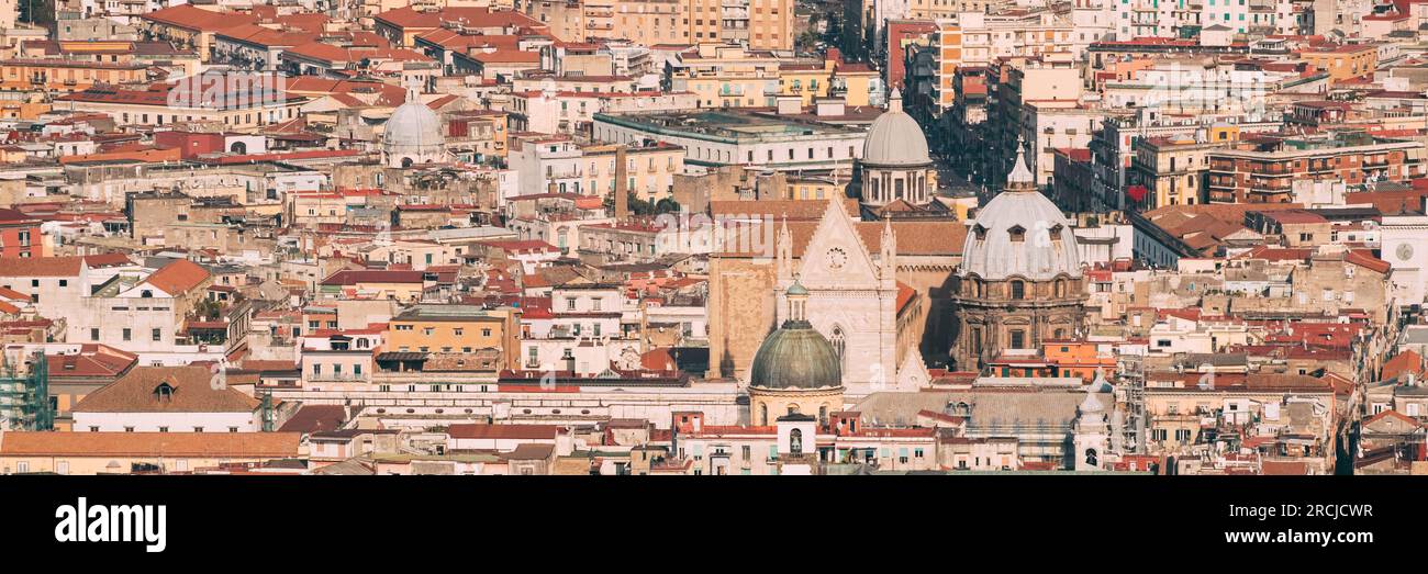 Naples, Italy. Top View Cityscape Skyline With Famous Landmarks In ...
