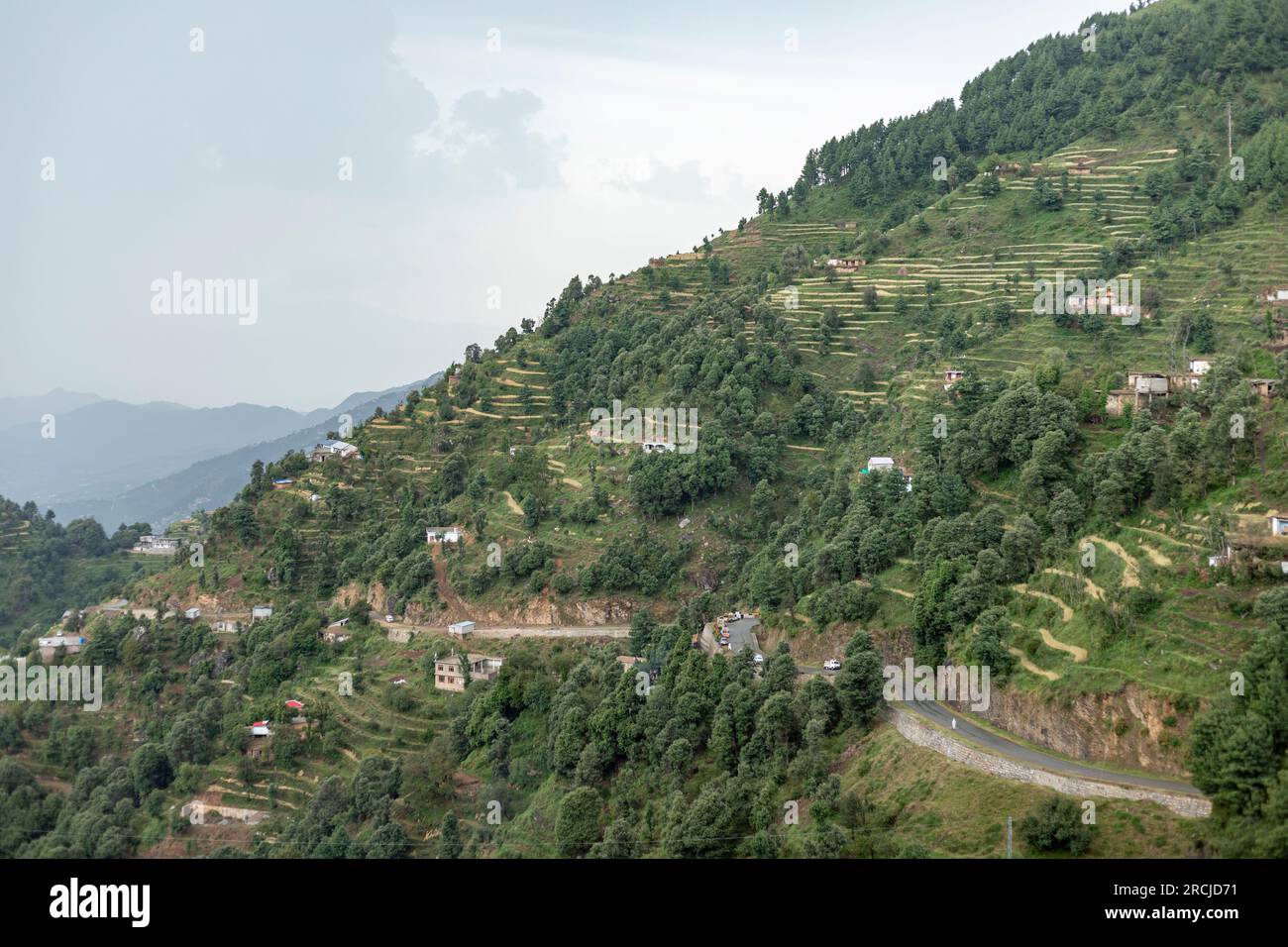 A village and terraced fields of wheat in the swat valley in Pakistan ...