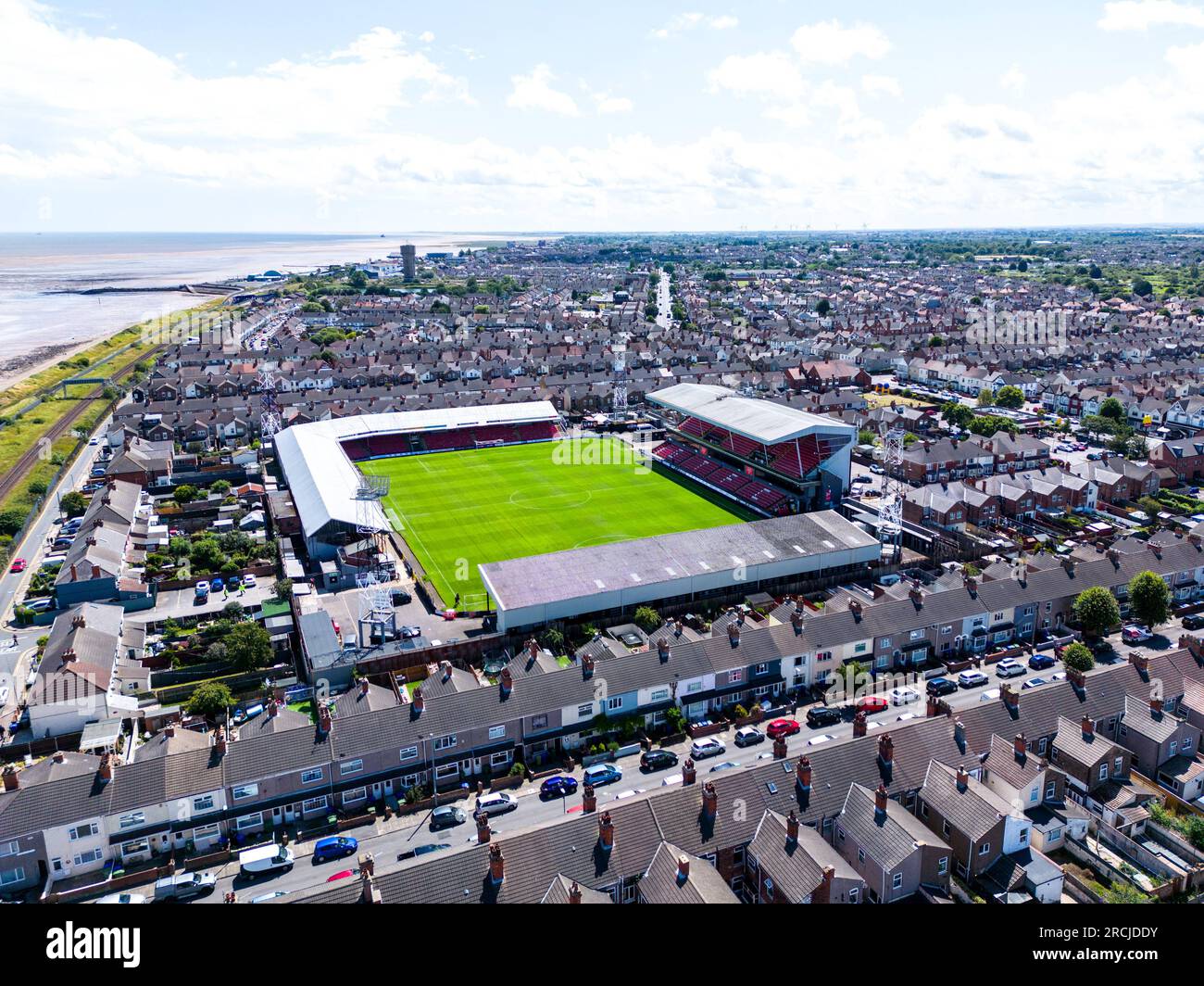 An aerial view of Blundell Park, home to Grimsby Town during the Pre ...