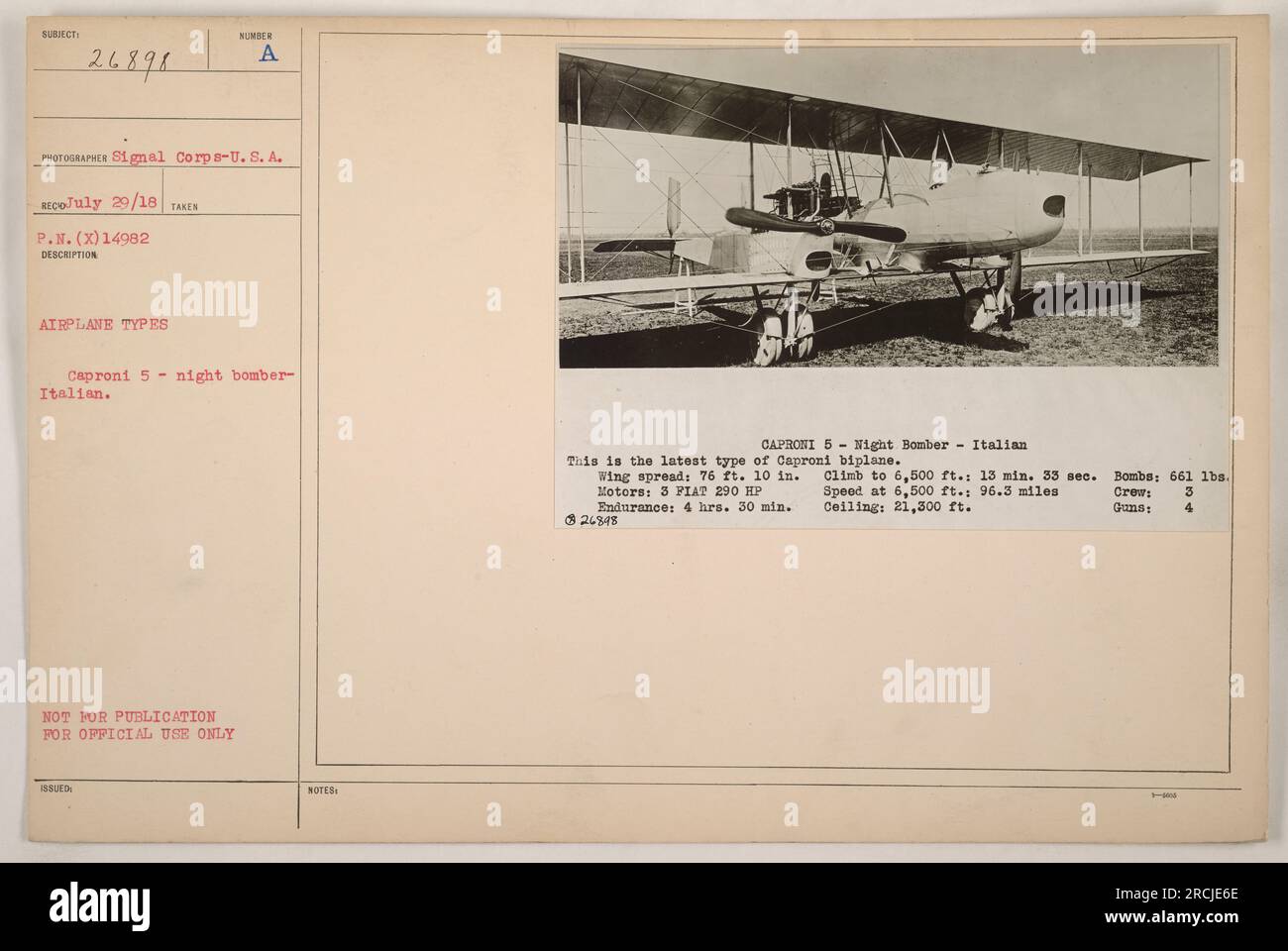 This photograph depicts a Caproni 5 night bomber, an Italian biplane ...