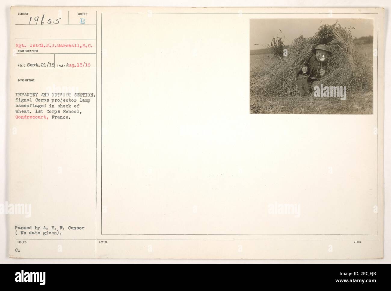 "Signal Corps projector lamp camouflaged in shock of wheat at the 1st ...