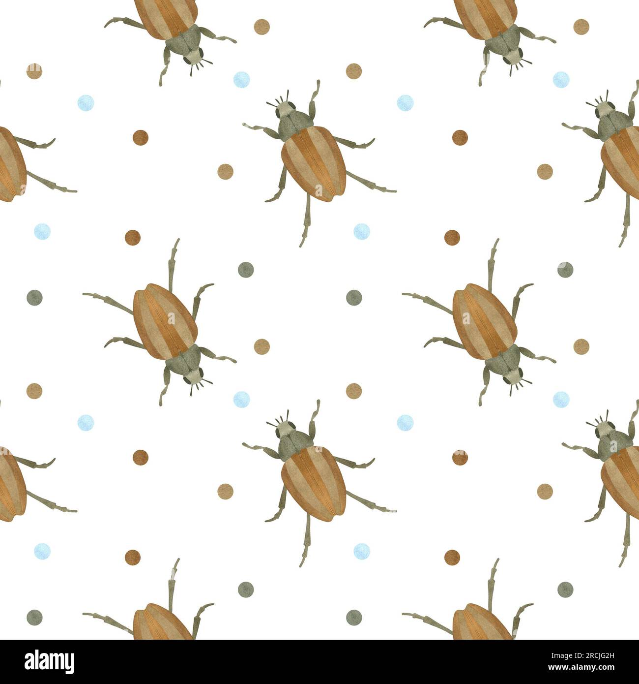 Seamless pattern with brown bugs and multicolored watercolor spots ...