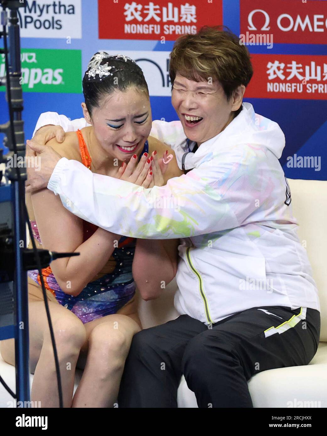 Yukiko Inui (left) and her coach Masayo Imura delighted with the high score in the Women's Solo ...