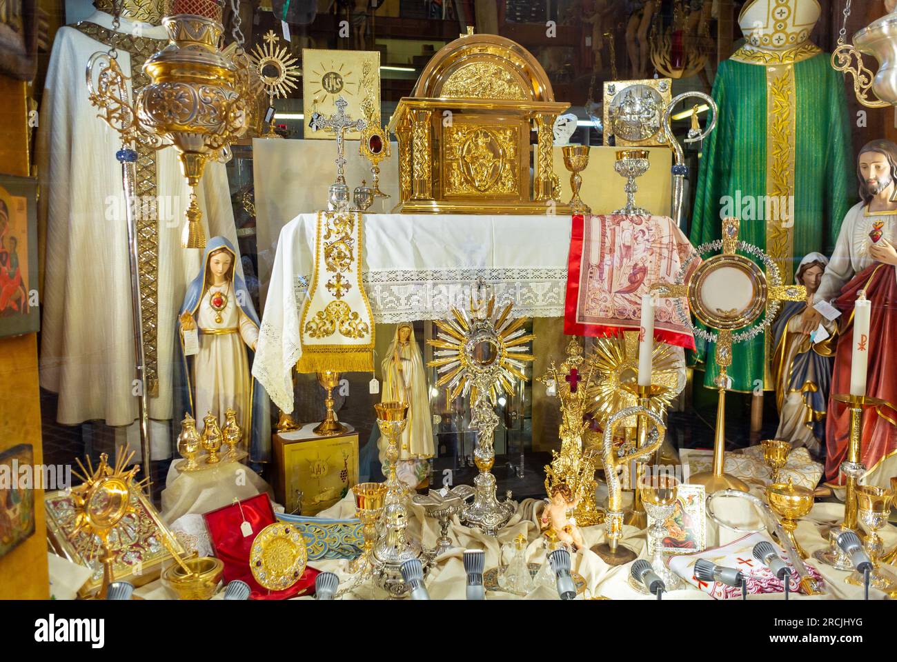 rome, lazio, italy, Shop window display with religious articles in Rome ...