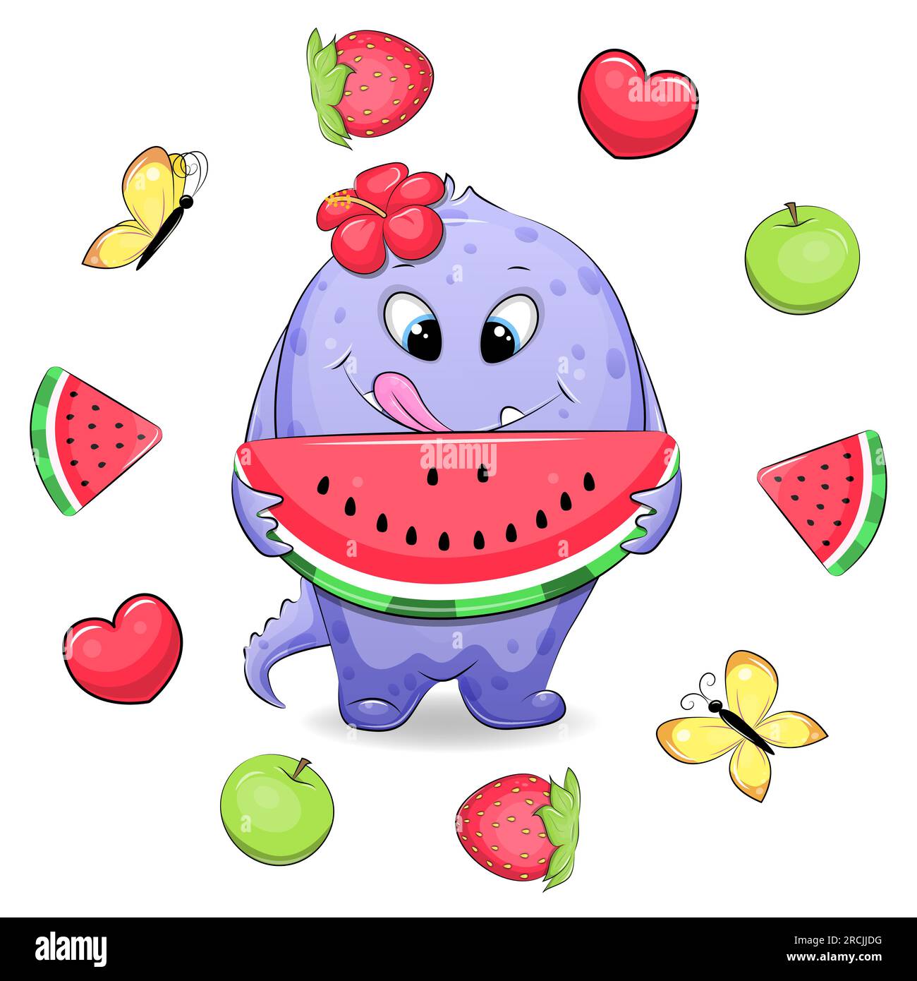 Cute cartoon monster with watermelon and fruit frame. Summer vector ...