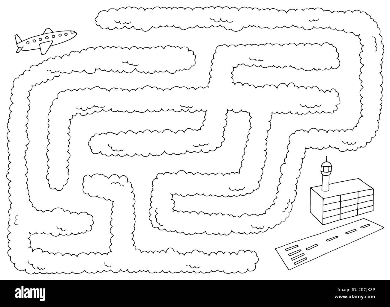 Airplane landing through the clouds at the airport maze graphic black ...