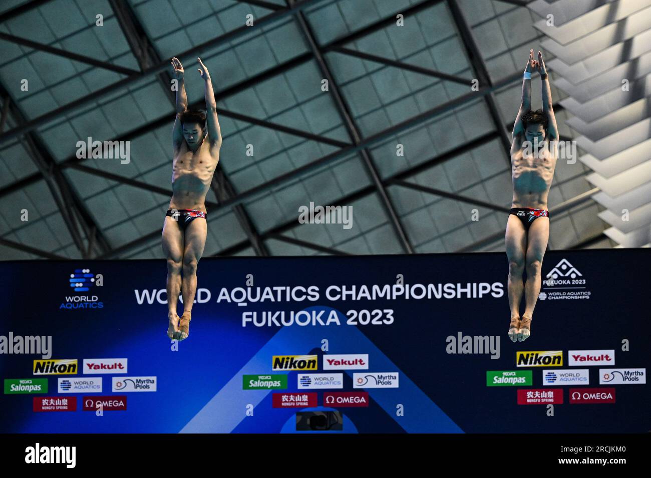 Fukuoka, Japan. 15th July, 2023. Long Daoyi/Wang Zongyuan (R) of China ...