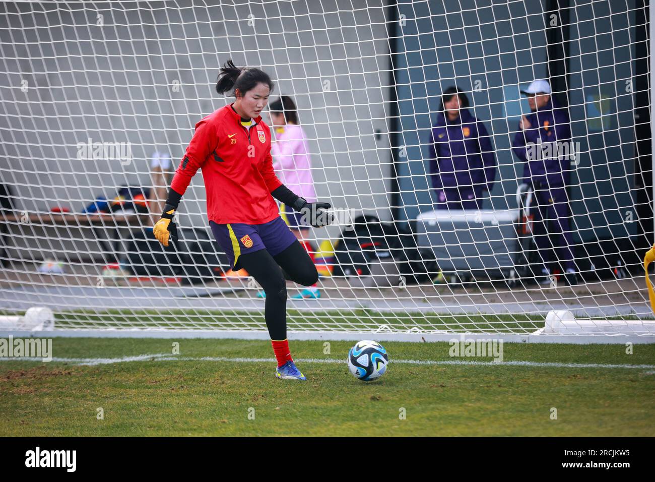 Adelaide. 15th July, 2023. Goalkeeper Pan Hongyan of China trains during a training session ...