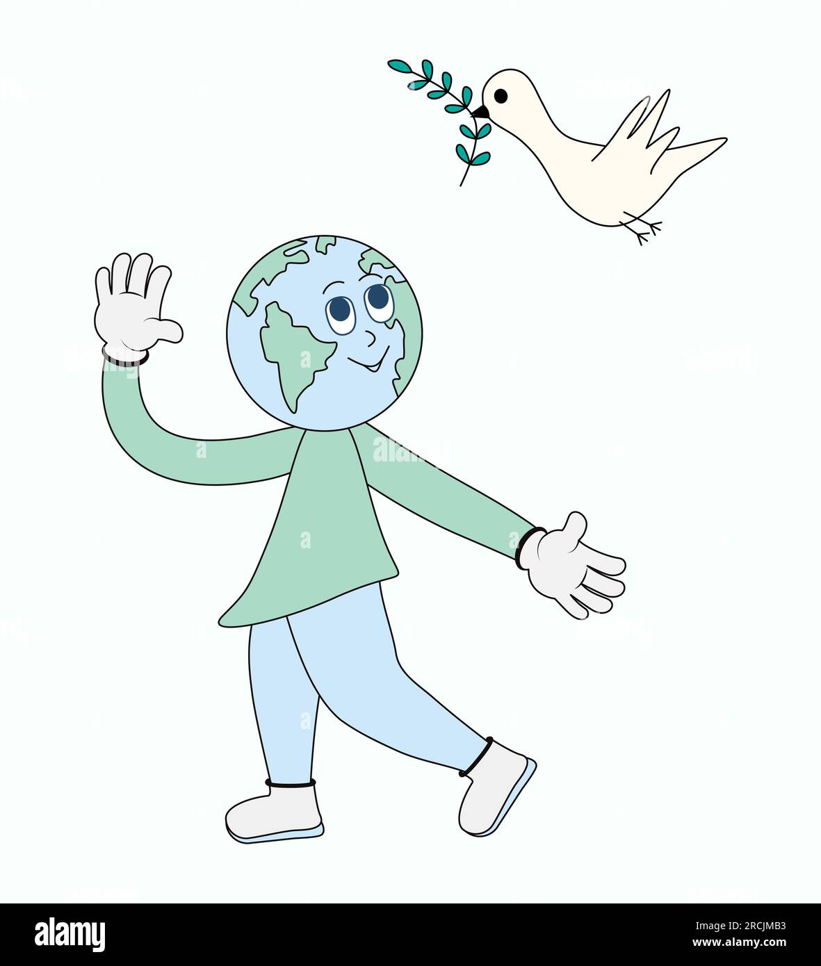 Funny planet and dove of peace in trendy retro cartoon style. White ...