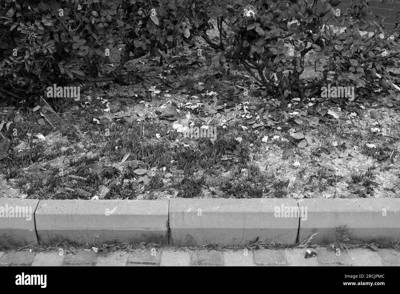 Broken windows of civilian building of bomb explosion. Shards of glass ...