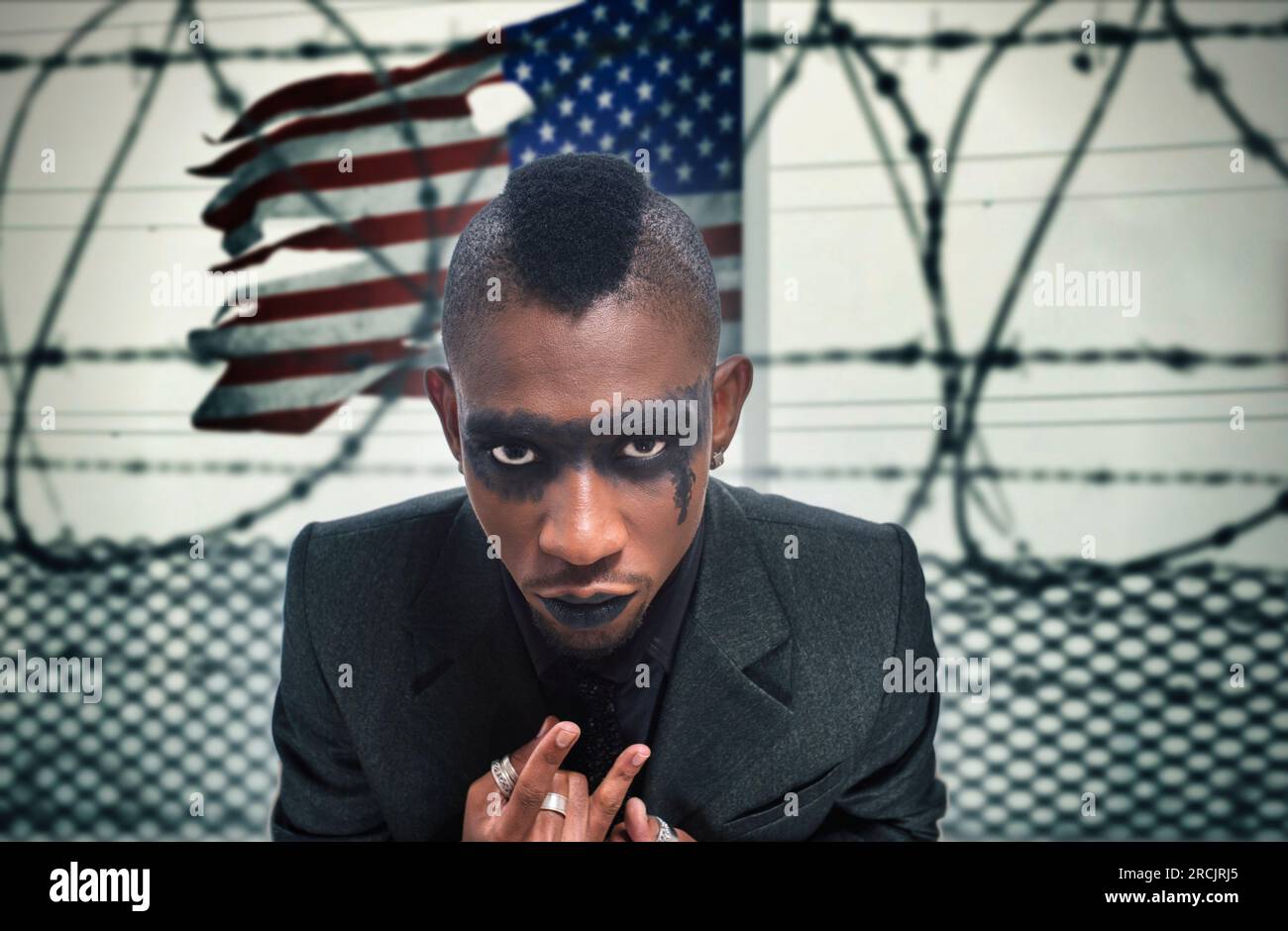 african american rapper with the american flag and barbed wire in the ...