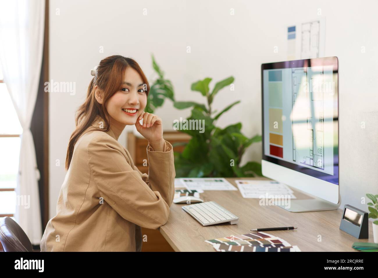 Architectural concept, Female architect working and thinking about ...