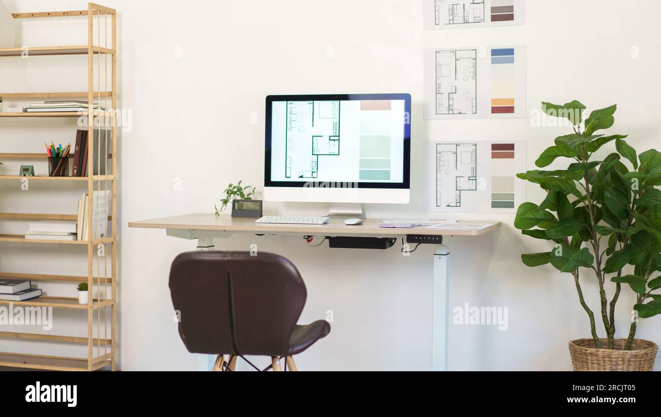 Architect concept, Computer and blueprint of house interior design with ...