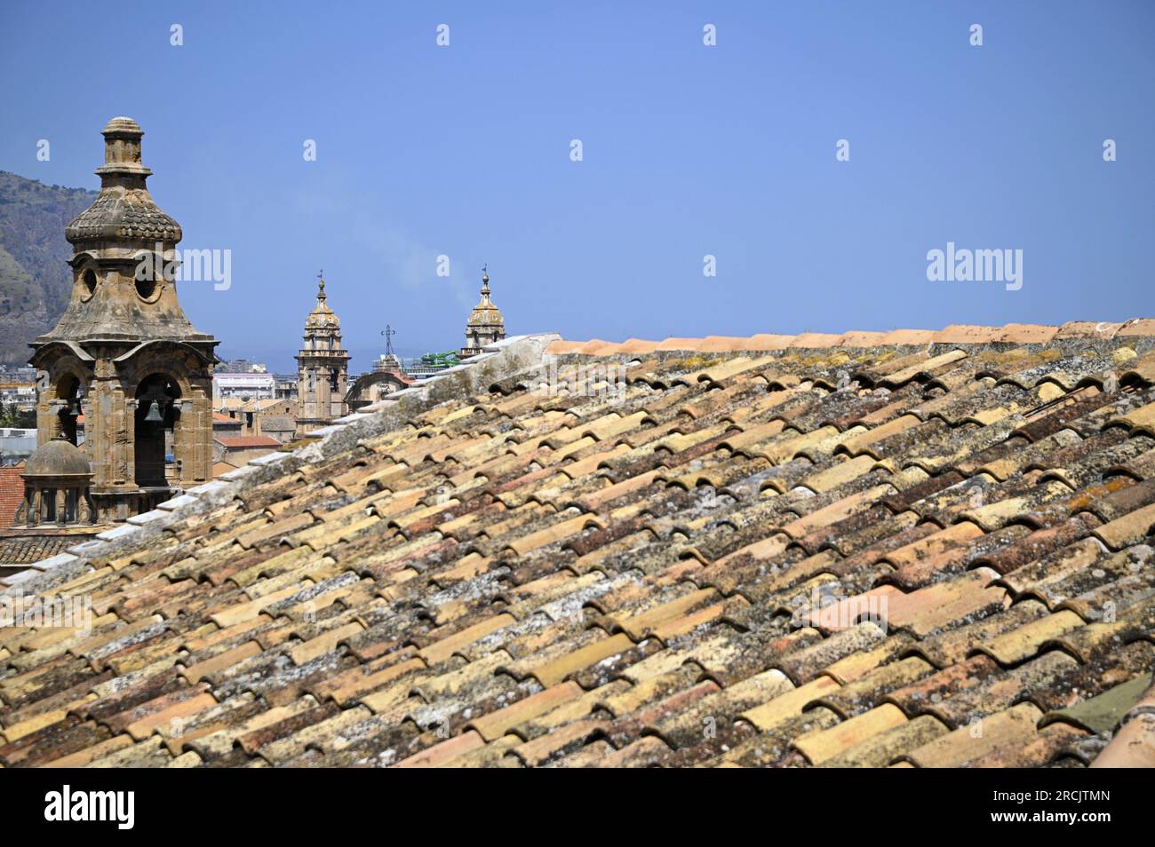 Landscape with scenic view of Baroque style bell towers over an antique ...
