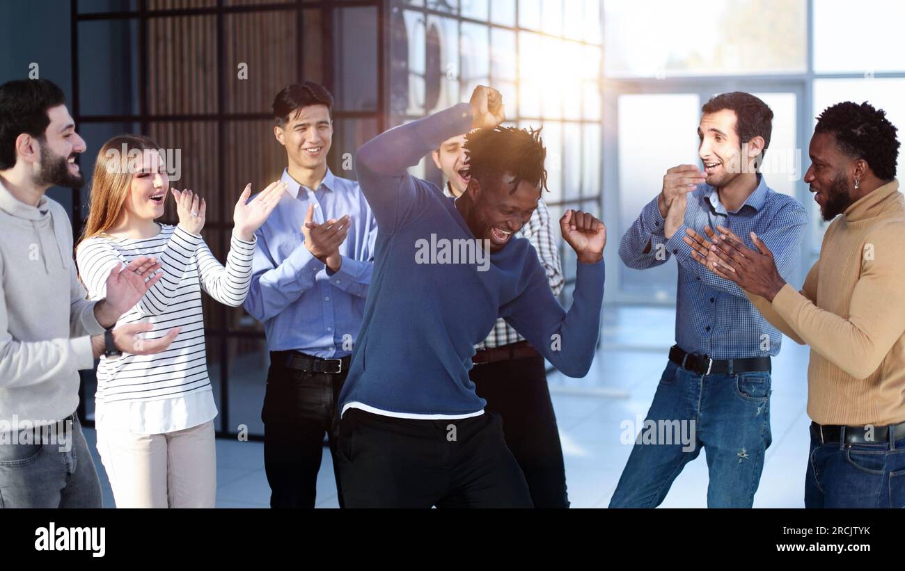 happy excited millennial employees shouting for joy, raising hands for ...