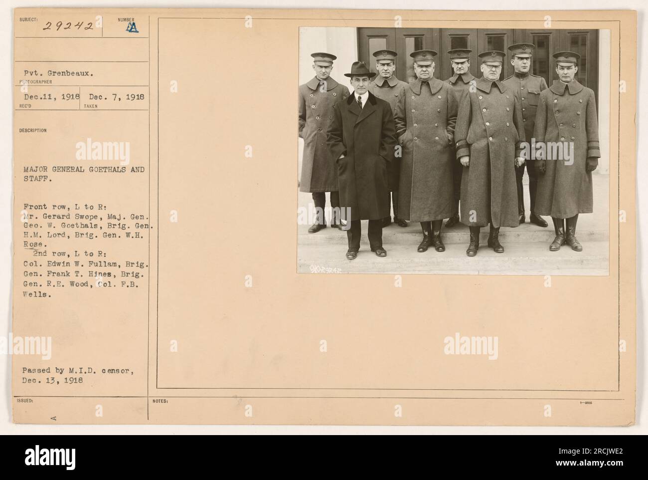 Pvt. Grenbeaux. The image features Major General Goethals and his staff ...