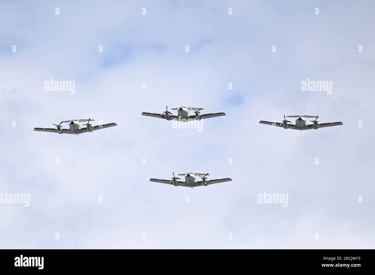 Four Xingu airplanes perform a fly-over during the Bastille Day ...