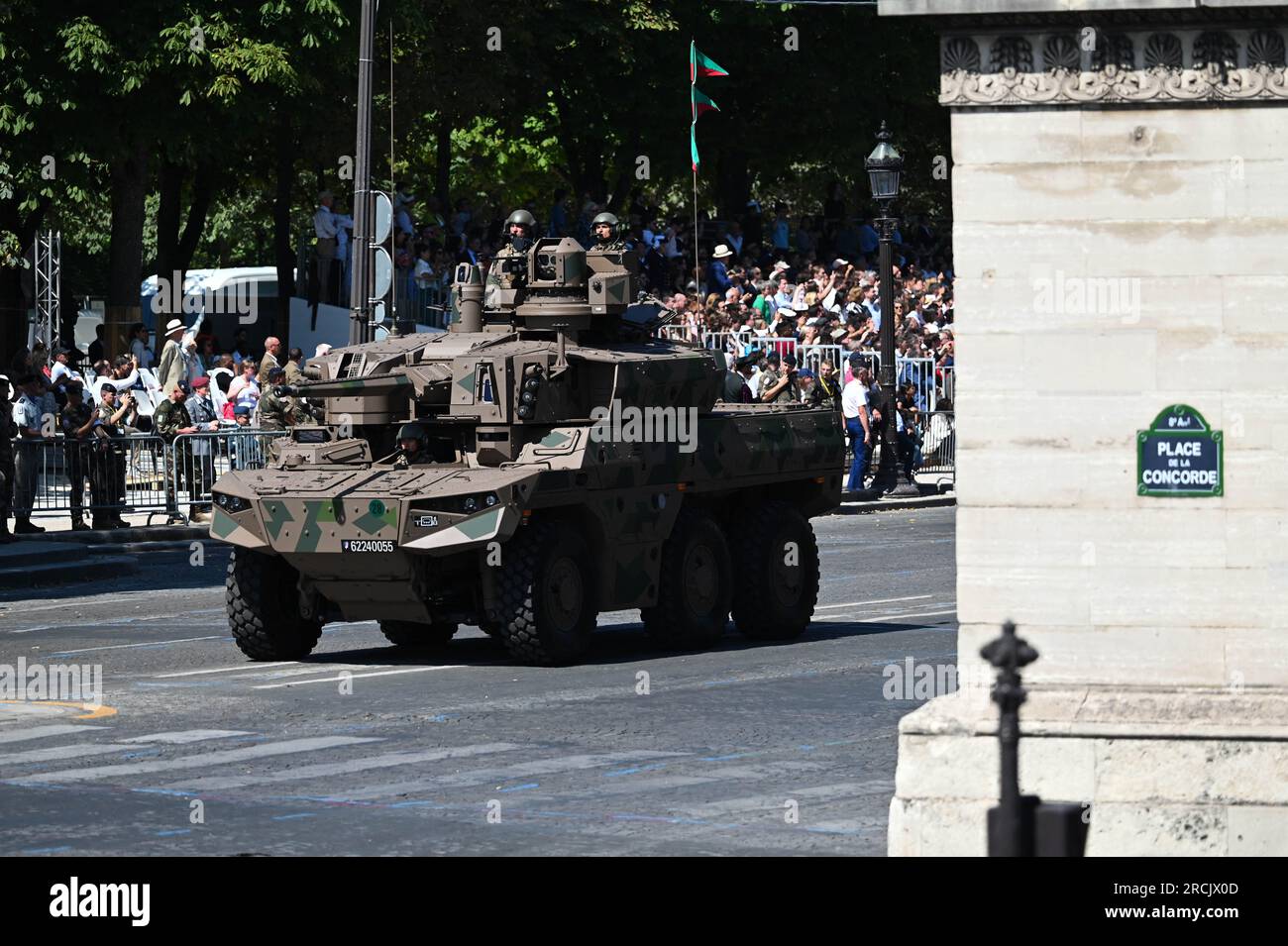 French army soldiers drive AMX10RC armored vehicles during the Bastille ...
